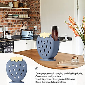 OSALADI Plastic Silverware Caddy Organizer Countertop Utensil Holder with Strawberry Design Knives Forks Spoons Organizer for Kitchen Dining Entertaining Picnics Blue