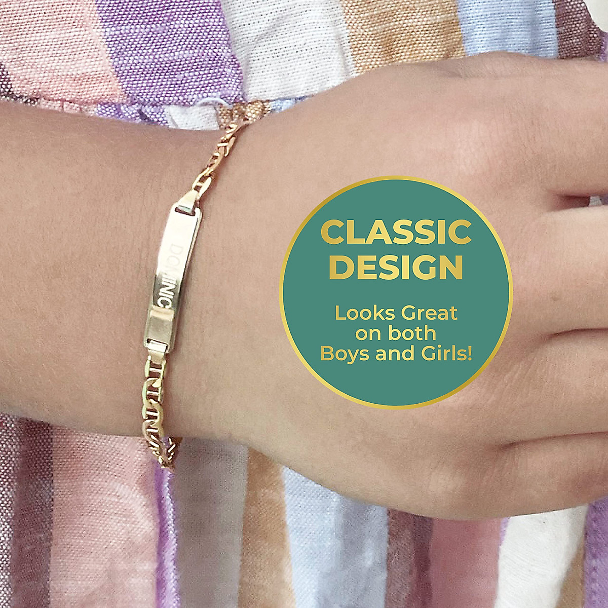 Brilliant Bijou Children's Name Bracelet - ID Engraved Bracelet, 14k Yellow Gold Child Bracelet for Girls and Boys Real Gold ID Bracelet (Not Plated or Filled)