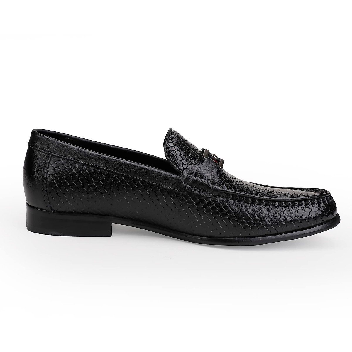 Black Mens Leather Dress Shoes, Premium Crocodile Print Moc-Toe Slip-on Loafer with Metal Buckle Penny Shoes for Mens, 9