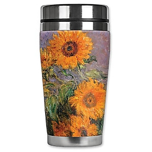 Mugzie Monet Sunflowers Travel Mug with Insulated Wetsuit Cover, 16 oz, Black