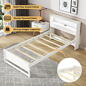 Giantex Twin Bed Frames with Storage Headboard, Wood Platform Bed with Charging Station & LED Light, Single Bed with Slats Support, Under-Bed Space, Twin Bed Frames for Kids Girls Boys (White)