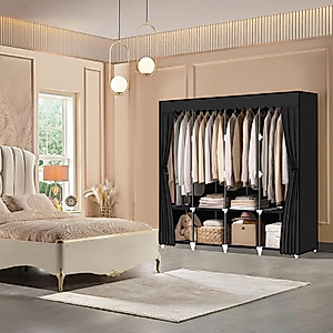 LOKEME Portable Closet, Black Wardrobe Closet Organizer with Cover, Portable Closets for Hanging Clothes 65.4x17.4x64.4 inch,4 Hanging Rods and Shelves, Large Capacity for Bedroom, Living Room