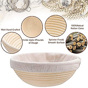 Set of 2 9 inch Round Bread Proofing Baskets Natural Rattan Banneton Sourdough Rising Bowl Basket with Dough Scraper + Bread Lame + Cloth Liner for Bakery Home Bakers