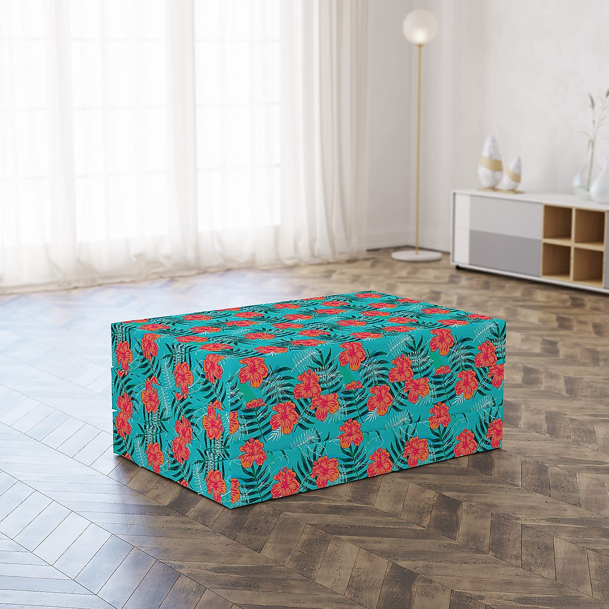 Ambesonne Exotic Foldable Mattress, Tropic Summer Hibiscus Flora, 74.8" x 39.4", Seafoam Coral