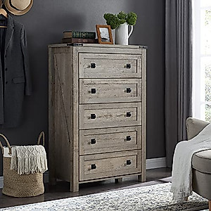 T4TREAM Farmhouse 5 Drawers Dresser Chests for Bedroom, Wood Rustic Tall Chset of Drawers,Dressers Organizer for Bedroom, Living Room,Hallway, Light Rustic Oak