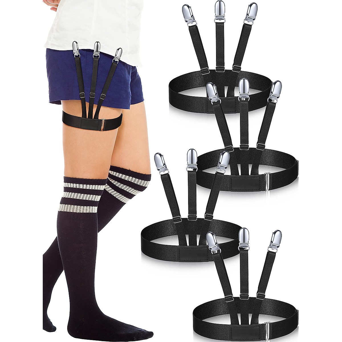 Jeere 2 Pairs Shirt Stays for Men Adjustable Shirt Garters Elastic Shirt Suspenders for Women Shirt Holder Straps with 3 Nonslip Clips