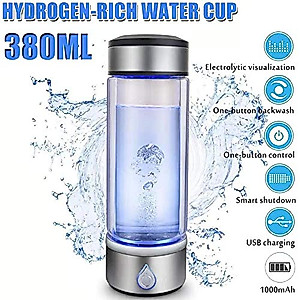 Portable Hydrogen-Rich Water Cup Generator,Up to 1500PPB with New SPE PEM Technology, Rechargeable Water Machine Ionizer,Health Cup Glass Water Bottles with Alkaline Energy (380ml)