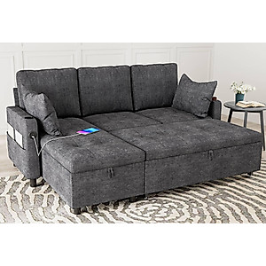 TTGIEET Pull Out Couch with Reversible Storage Chaise, L Shape Sleeper Sofa with 2 USB Port & Cup Holders, 2 in 1 Convertible Sofa Bed with 2 Pillows for Living Room (Dark Grey, Chenille)