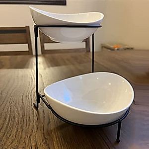 ONEMORE Tiered Serving Stand - 2 Tier Ceramic Chip and Dip Bowls with Collapsible Food Display Stand - Perfect for Parties, Buffets and Entertaining - White