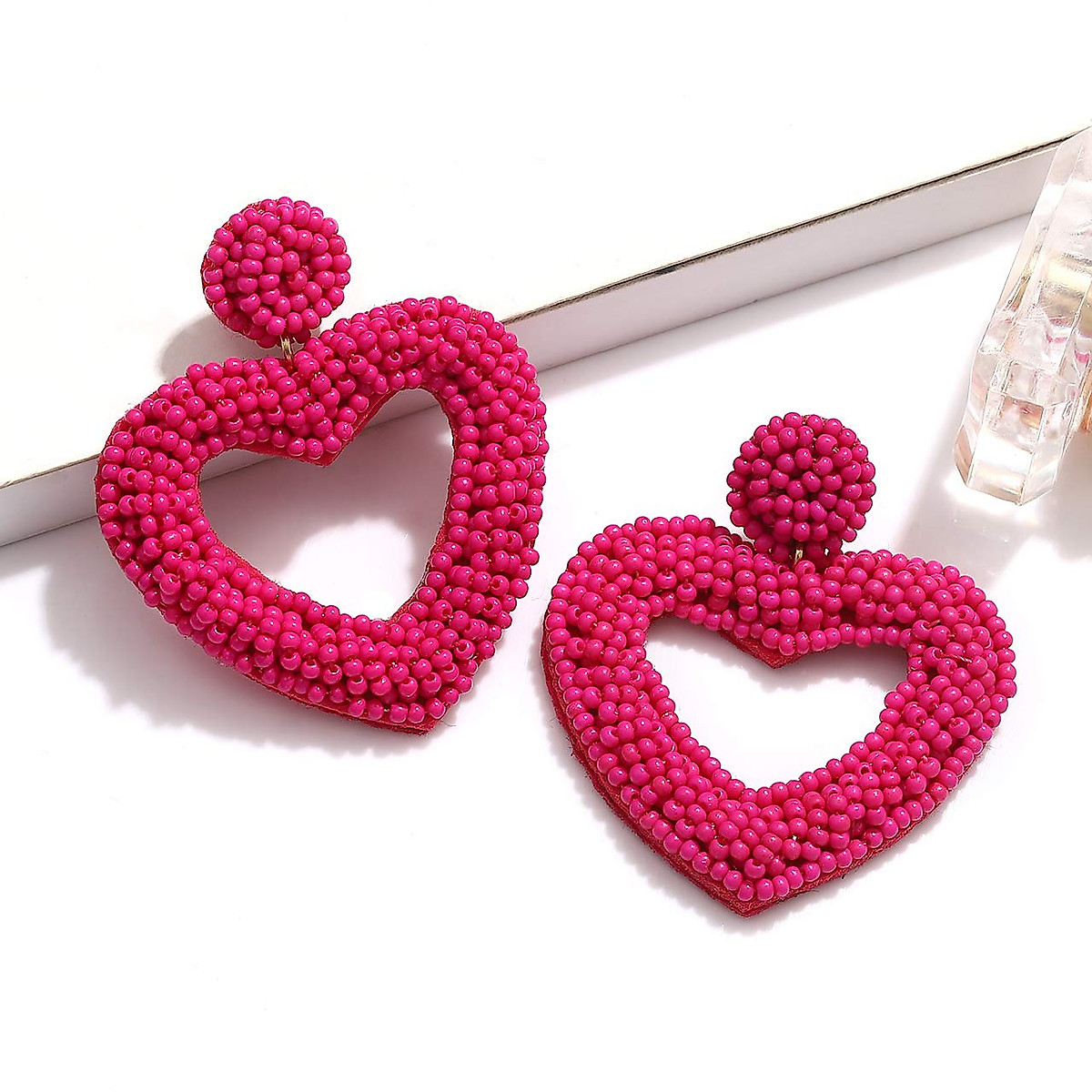 XOCARTIGE Valentine's Day Earrings for Women Beaded Heart Earrings Handmade Bead LOVE XOXO Earring Drop Dangle Earrings Valentine's Day Jewelry Accessories Outfits Gifts (A-Rose Red)