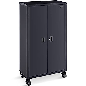 VEVOR Metal Storage Wheels, 200 lbs Load Capacity per Shelf 72'' Tall Powder-Coating Steel Cabinet with 4 Adjustable Shelves, Magnet Doors & Lock, Perfect for Office Home Garage, Black