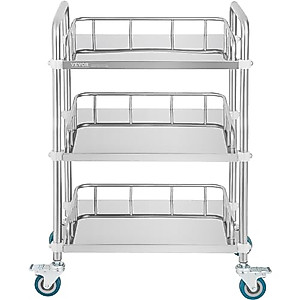 VEVOR Lab Rolling Cart, 3-Shelf Stainless Steel Rolling Cart, Lab Serving Cart with Swivel Casters, Dental Utility Cart for Clinic, Lab, Hospital, Salon, 26.38"x15.55"x34.13"