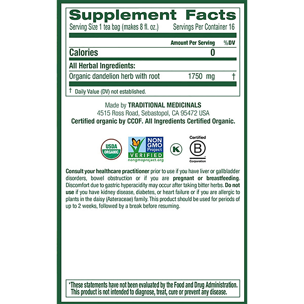 Traditional Medicinals Organic Dandelion Leaf & Root Herbal Tea, Supports Kidney Function & Healthy Digestion, (Pack of 3) - 48 Tea Bags Total