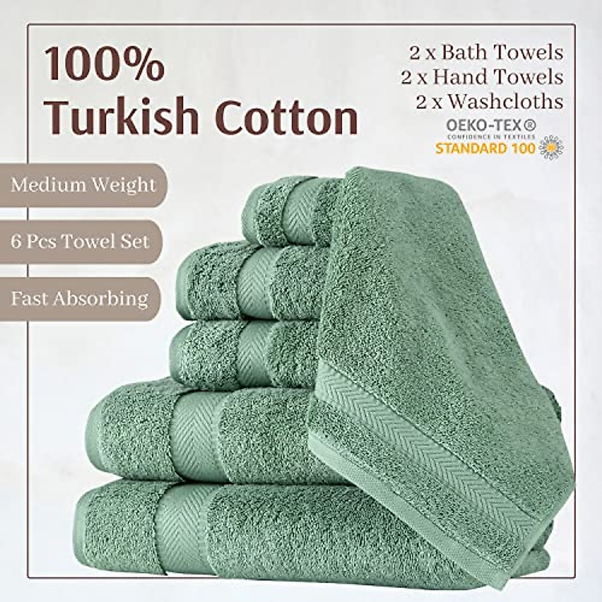 TEXTILOM 100% Turkish Cotton 6 Pcs Bath Towel Set, Luxury Bath Towels for Bathroom, Soft & Absorbent Bathroom Towels Set (2 Bath Towels, 2 Hand Towels, 2 Washcloths)- Green