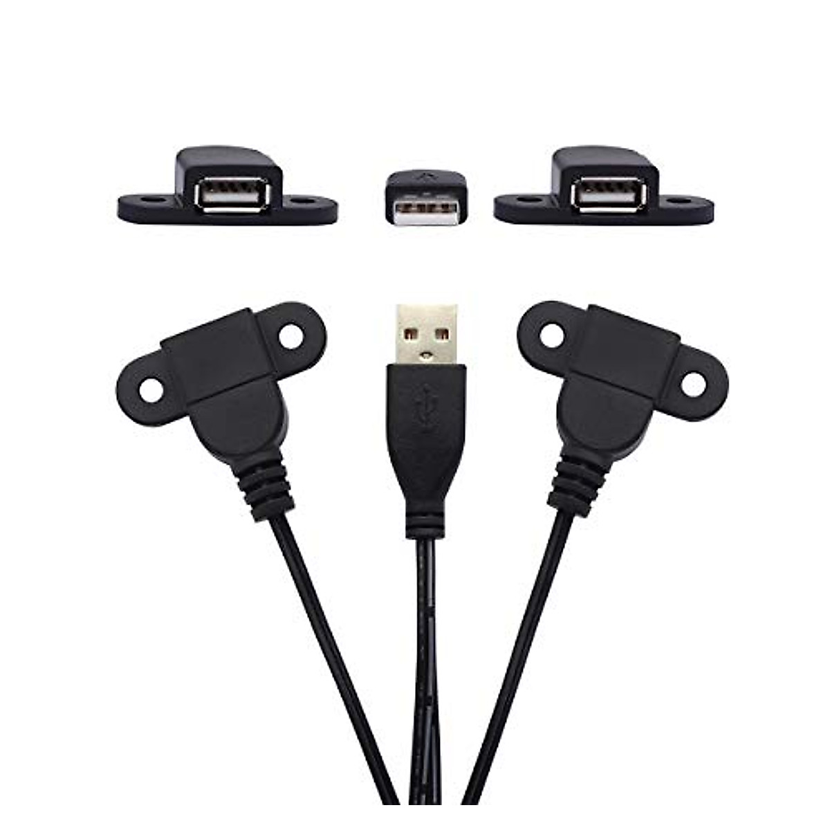 QiCheng&LYS USB 2.0 Male to Dual Female Charging Extension Cable, Furniture nightstand Sofa Electric Vehicle on-Board Charging Port, Panel Mount Cable with Screw Hole 5ft (2pcs)