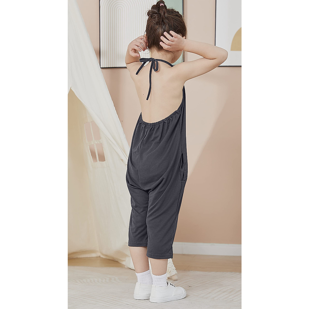 Darkyazi Baby Summer Jumpsuits for Girls Kids Cute Backless Harem Strap Romper Jumpsuit Toddler Pants Size 2-8Y (5T, Grey)