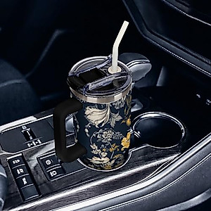 YTLKGFP 40 Oz Large Capacity Car Cup With Floral Pattern Tumbler with Handle (Black) Straw Lid Insulated Stainless Steel Water Bottle Travel Mug Leak-proof Car Cup Keeps Cold Or Hot