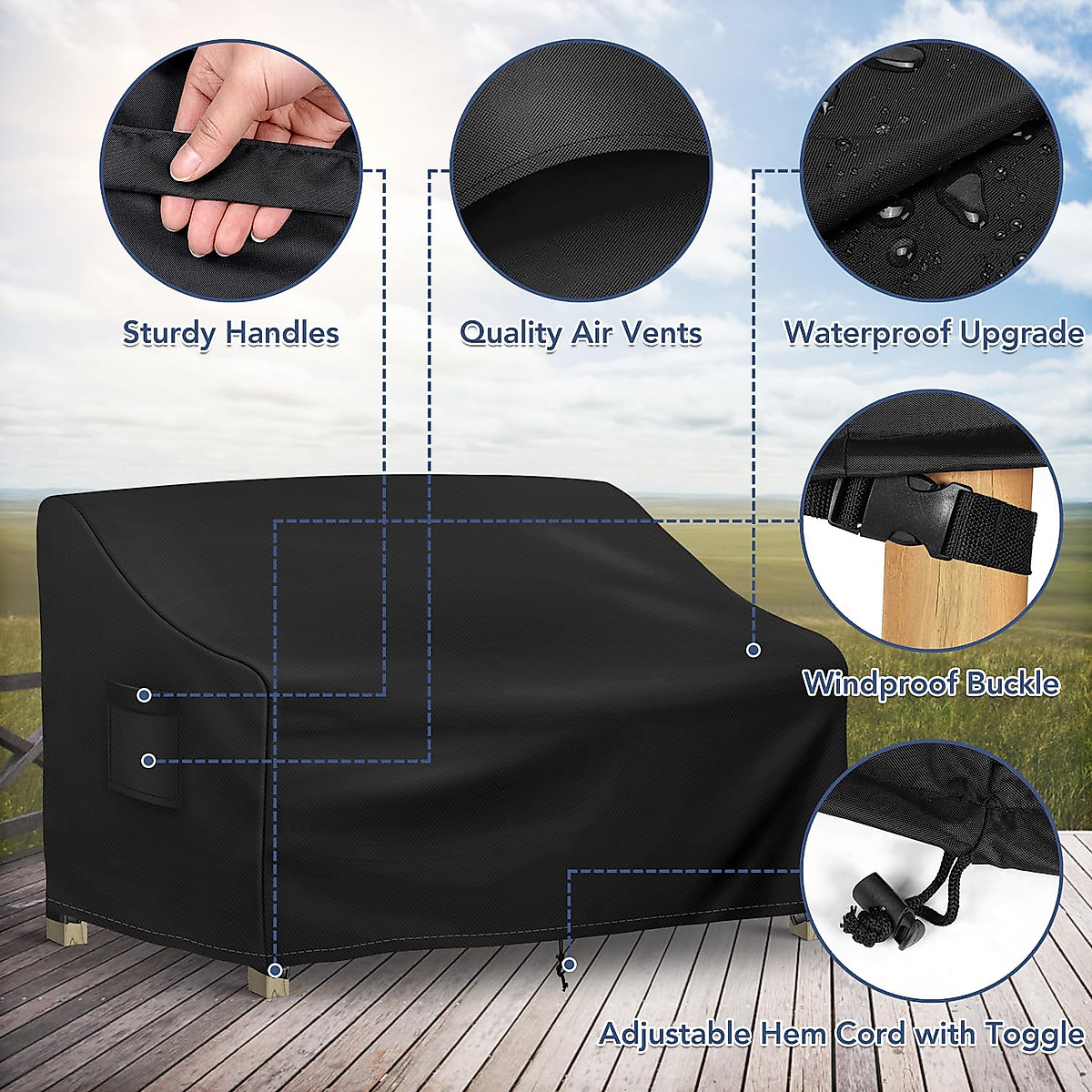 Richwon Outdoor Couch Cover Waterproof, 4-Seater Outdoor Sofa Cover, Patio Furniture Covers with Air Vent and Handles, 104W x 40D x 33H Inches, Black