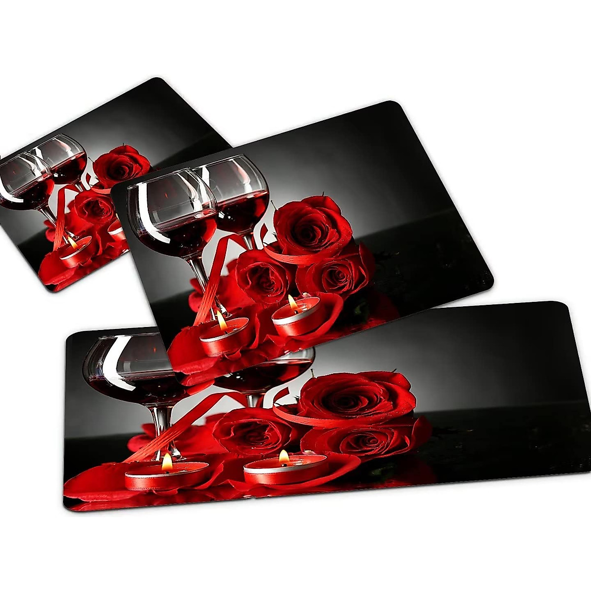 Kitchen Rug Sets 3 Piece, Red Rose Wine Decorative Heart on Black,Floor Mats Washable Doormat Anti Fatigue Non-Slip Kitchen Runner Rug Farmhouse Bedroom Area Carpet