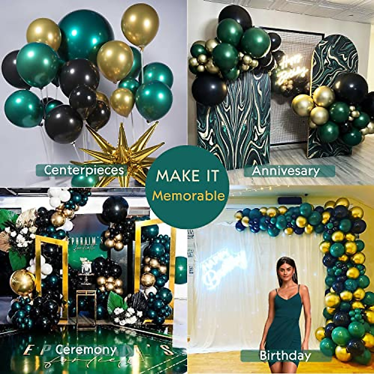 Teal Emerald Green Balloon Garland Arch Kit Double Stuffed Dark Green With Black Gold Star Balloons for Birthday Party Wedding Christmas New Year eve Decorations