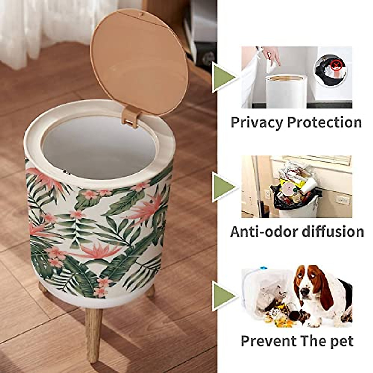 Small Trash Can with Lid for Bathroom Kitchen Office Diaper Beach cheerful seamless tropical dark green leaves palm trees flowers Bedroom Garbage Trash Bin Dog Proof Waste Basket Cute Decorative