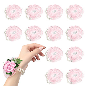 RONRONS 15 Pieces Elastic Pearl Wrist Corsage Bands Wristlets Bracelet Handmade DIY Stretch Wrist Hand Corsages Wristlet for Wedding Bride Bridesmaid Prom Beach Party Daily Wear Accessories (Pink)
