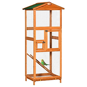 PawHut 65" Wooden Bird Cage Outdoor Aviary House for Parrot, Parakeet, with Pull Out Tray and 2 Doors, Natural