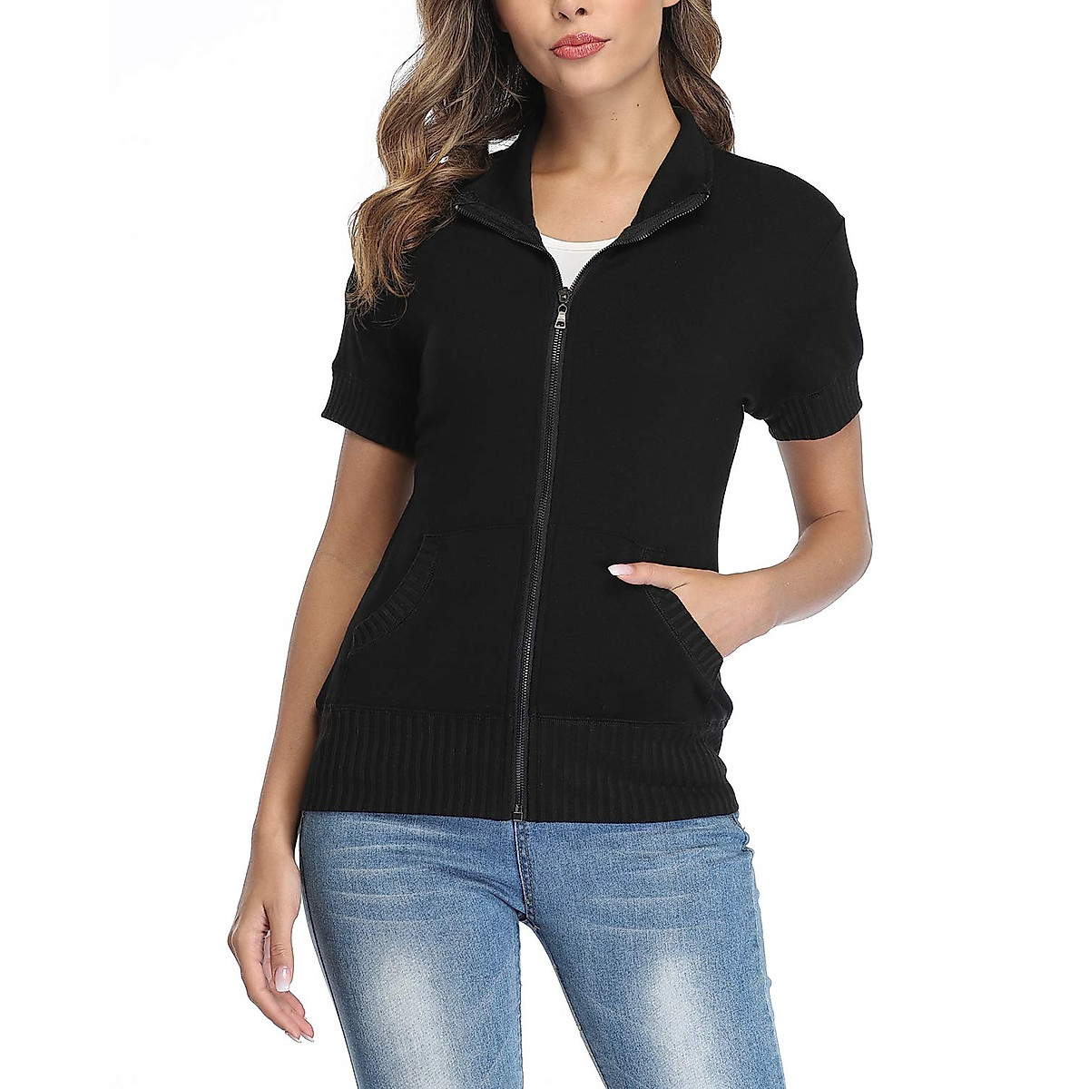 andy & natalie Women's Stand Collar Zip up Short Sleeve Hoodies Jacket Sweatshirts with Pockets Black