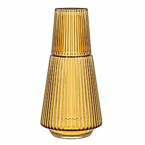 American Atelier Vintage Bedside Water Carafe with Tumbler – 37 Oz Ribbed Pitcher and Matching Drinking Glass Doubles as Lid for Guest Room, Office, or Gift, 4.5”x 9.25" (Amber)