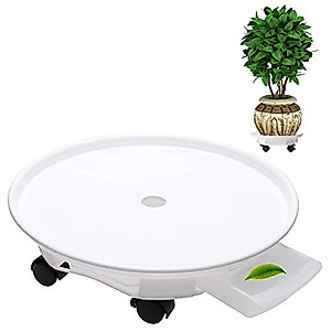 Finderomend Pair of 17.7" Extra-Large Plant Caddies, Plant Stand with 5 Wheels, Round Flower Pot Mover Plant Saucer Pot with Water Container,Rolling Dolly Garden Large Rolling Tray (White)