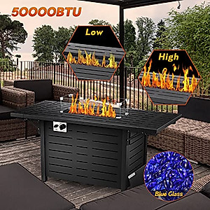 Havato 55" Propane Fire Pit Table,50,000 BTU Gas Fire Pit Table,with Glass Stone,Glass Wind Cover,Quick Auto Ignition Gas Firepit for Outside Picnic Backyard Garden