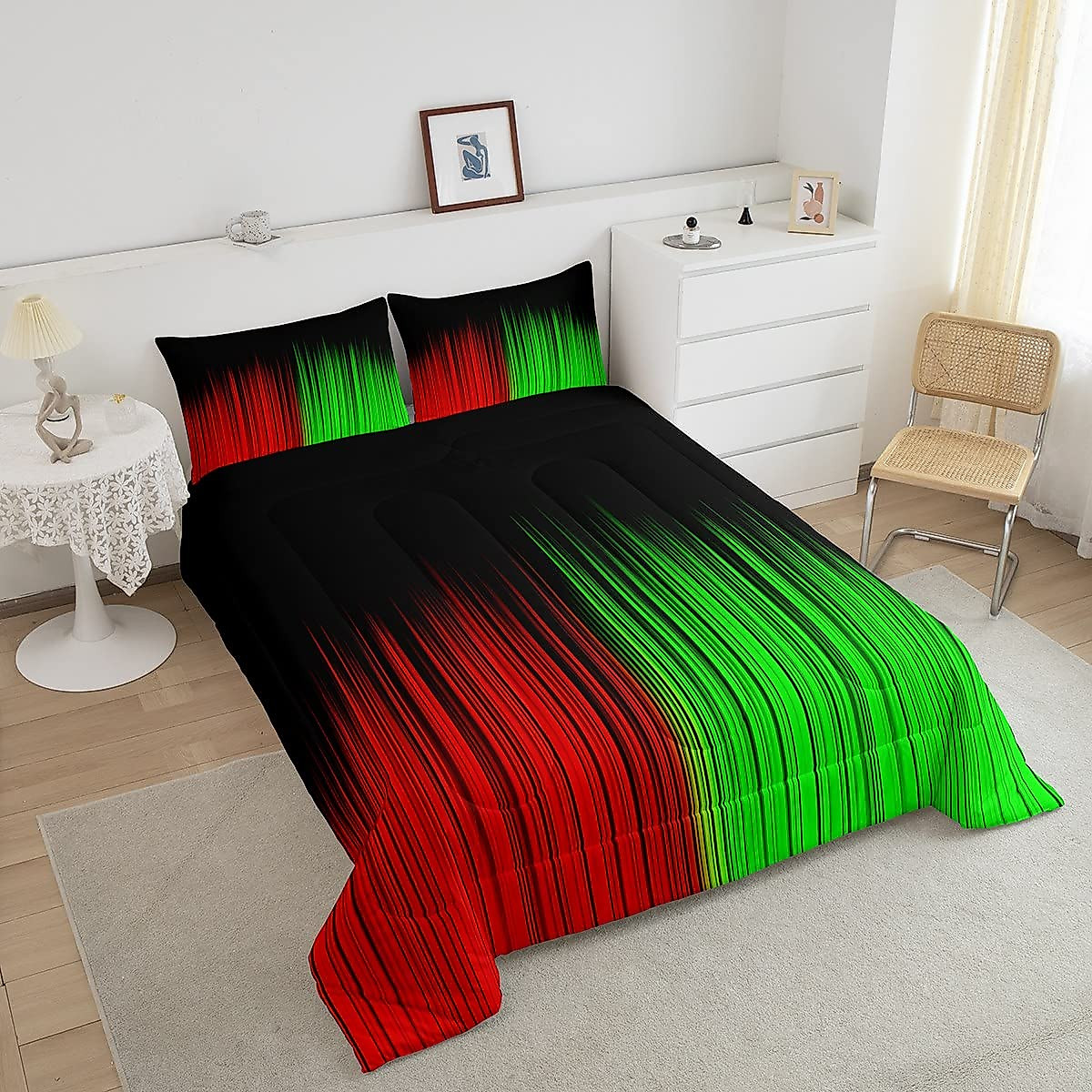 Abstract Ombre Comforter Set Kids Teens Red Green and Black Girls Bedding Set Room Decor Fashion Women Quilt Set with 1 Pillowcase 2Pcs Bedding Twin