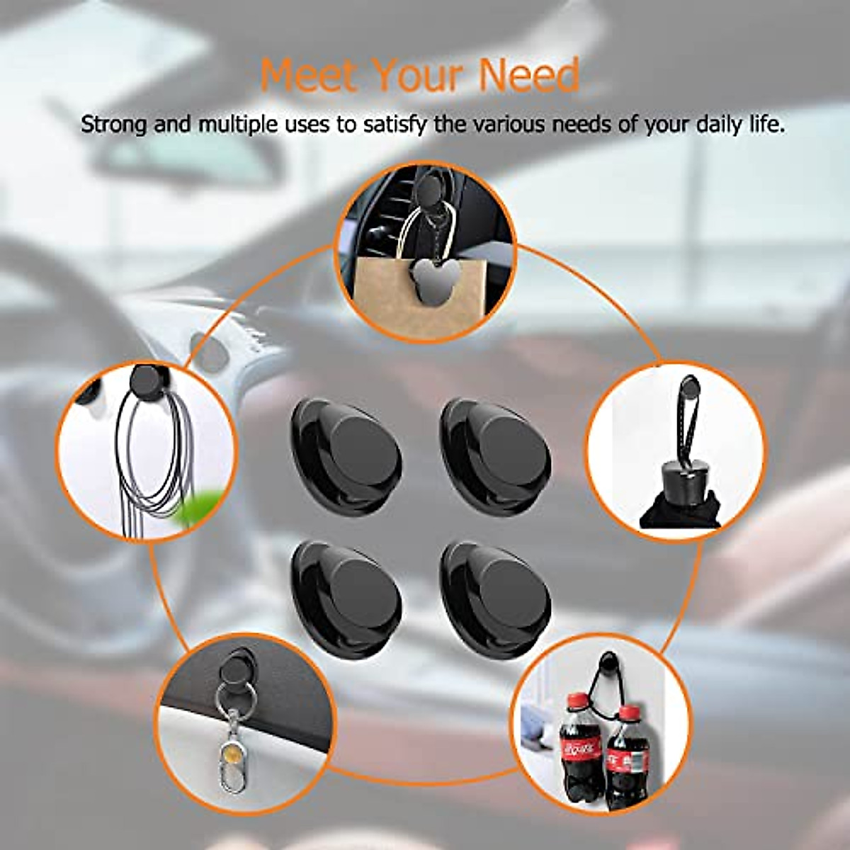 YUENTOEN Car Mini Hooks - Auto Adhesive Hooks, 4Pcs ABS Strong Adhesion Car Storage Hooks Stick on Dashboard Automotive Interior Accessories for Earphones Charging Cables Keys Bags Purse Towel Hat
