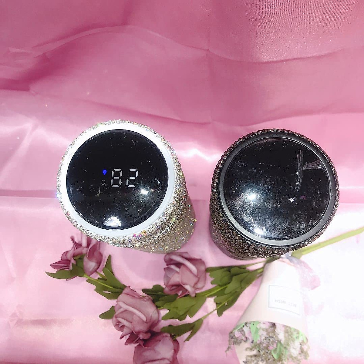 Bling Cup 17oz Rhinestone Water Bottle Glitter Tumbler Diamond Glitter Cups Studded Skinny Insulation Cup Sparkly with LED Number (white)