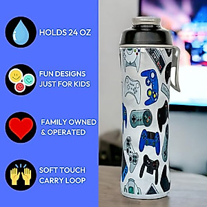 24oz Kids Tritan Water Bottle – Video Game Gamer Theme – BPA-Free, Shatterproof, Lightweight with Hourly Time Markings – Chug Cap & Carry Loop – Reusable for School, Sports & Daily Hydration