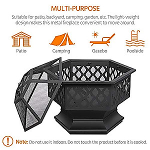 Topeakmart Portable Fire Pit Outdoor Firepit with Mesh Sides Cover Poker Steel Heater Fireplace Wood Burning Pit Hexagon Shaped Fireplace Metal Brazier 24in
