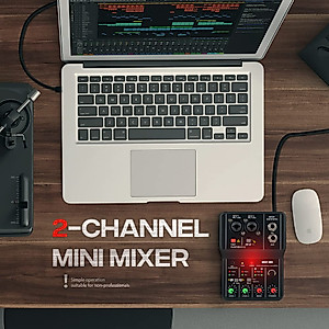 Mini 2 channel audio DJ mixer console interface with 48V phantom power Combo Jack Microphone/Guitar XLR+6.35mm, 3.5mm Stereo in, Headphone Jack for studio live show,party recording