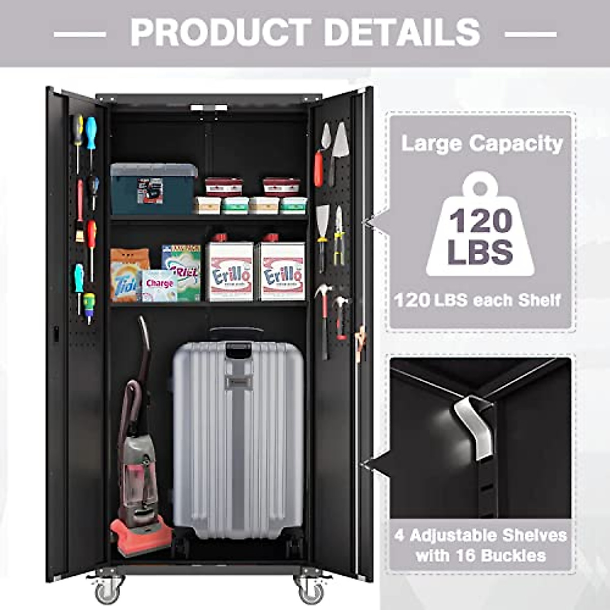 GangMei Rolling Metal Storage Cabinet with Pegboard, 72''H Tall Garage Cabinet with Wheels & 4 Adjustable Shelves, Garage, Home, Assemble Required, Black