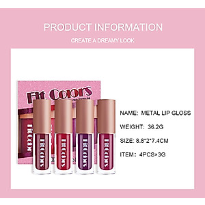 4 Colors Glitter Lipsticks Diamond Shimmer Metallic Lip Stick Set Kit Long Lasting, Purple Red Matte to Glitter Sparkle Sparkly Glossy Liquid Lipstick Lip Gloss Set for Women Lips Make up