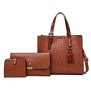 Patent Strap Shoulder Bags Ostrich Pattern Handbags 3pcs Hobos with Matching Wallet Tote Purse (Brown)