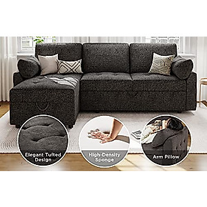 VanAcc Pull Out Sofa Bed, Modern Tufted Convertible Sleeper Sofa, Chenille Sleeper Sectional Couch Bed with Storage Chaise, L Shaped Sofa Couch for Living Room (Dark Grey)