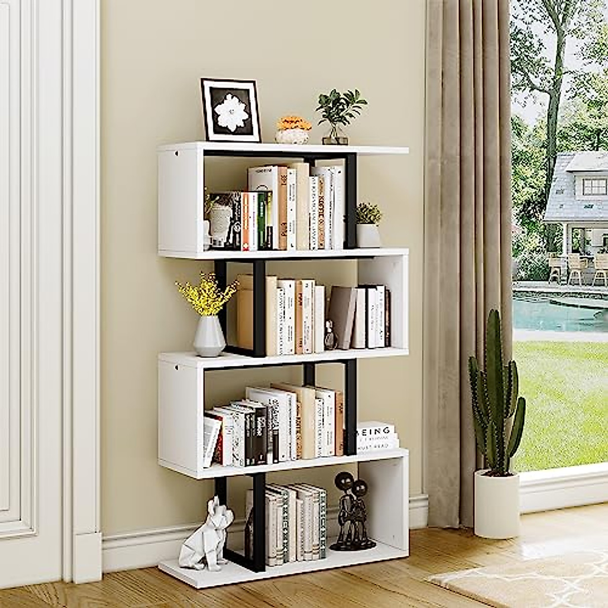 YITAHOME 5-Tier Bookshelf, S-Shaped Z-Shelf Bookshelves and Bookcase, Modern Freestanding Multifunctional Decorative Storage Shelving for Living Room Home Office, Cream White