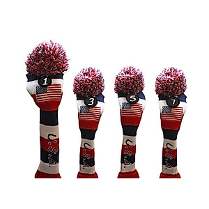 USA Majek Golf Driver 1 3 5 7 Fairway Woods Headcovers Pom Pom Knit Limited Edition Vintage Classic Traditional Flag Stars Red White Blue Stripes Retro Head Cover Fits 460cc Drivers and 260cc Woods