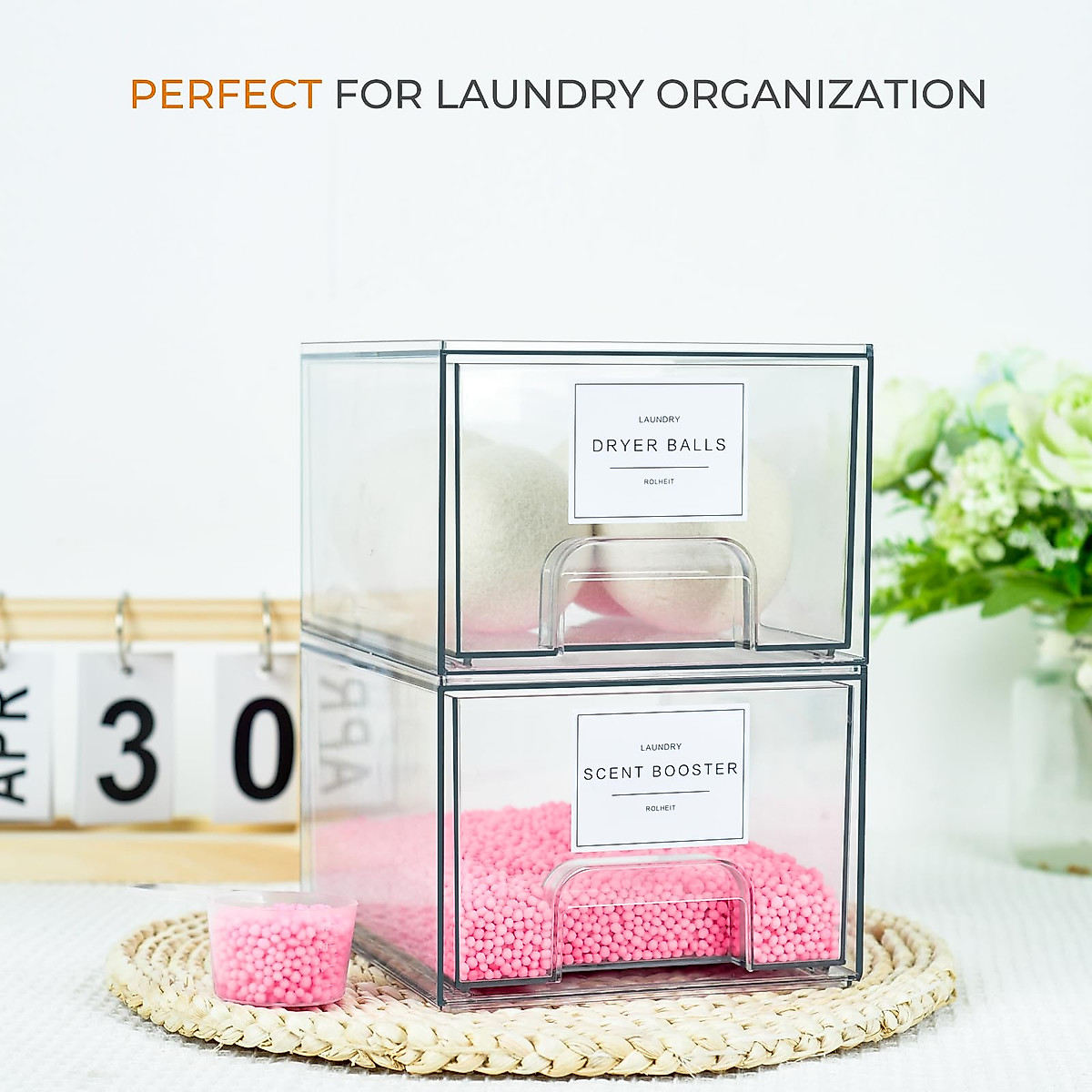 Laundry Room Organization Storage Drawer with Labels, Dryer Sheet Holder, Laundry Pod Containers, Laundry Detergent Dispenser, Clear Stackable Drawers for Laundry Room Organizing Decor (2 pack)