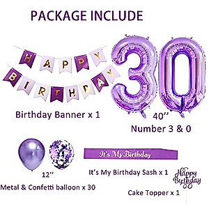 30th Birthday Decorations for Her, 30th Birthday Balloons Purple, 30th Birthday Decorations, Purple Balloons, It's My Birthday Sash, Cake Topper, Birthday Banner for 30th Birthday Decorations