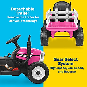 Kidzone 12V 7AH Treaded Tires with Dual 25W Motors Remote Control Battery Powered Electric Tractor with Trailer Toddler Ride On Toy with 3-Gear-Shift 7-LED Lights, MP3 Audio - Pink
