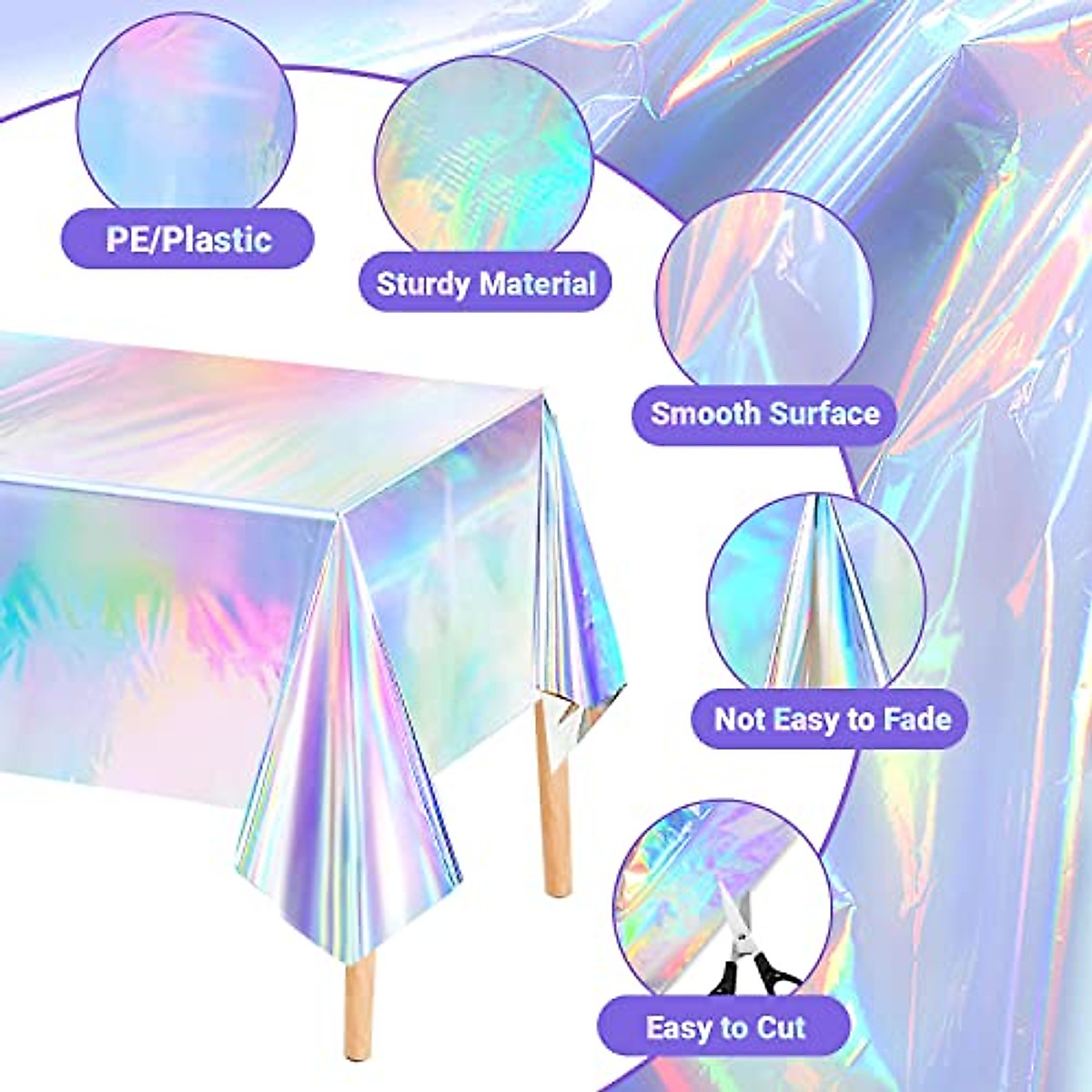 4 Pack Iridescence Plastic Tablecloths Shiny Disposable Laser Table Covers 54" x 108" Sequin Holographic Foil Tablecloths for Birthday, Wedding, Party, Picnic, Buffet, Christmas Decorations