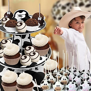 2 PCS 3-Tier Cow Print Stands Cardboard Cow Print Round Cardboard Stand Farm Animal 2 Cow Print Cupcake Stands 3 Tier Cupcake Holder Perfect for Cow Boy Party Cow Print Supplies