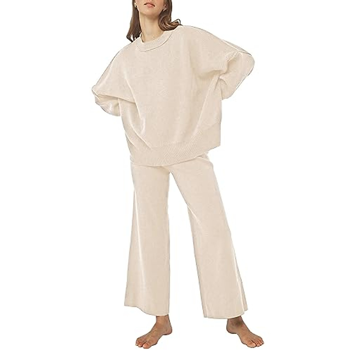 Linsery Womens Sweater and Pant Sets Batwing Sleeve Knitted Tops and Wide Leg Pants Comfy Set 2 Piece Knit Loungewear Tracksuit Apricot M