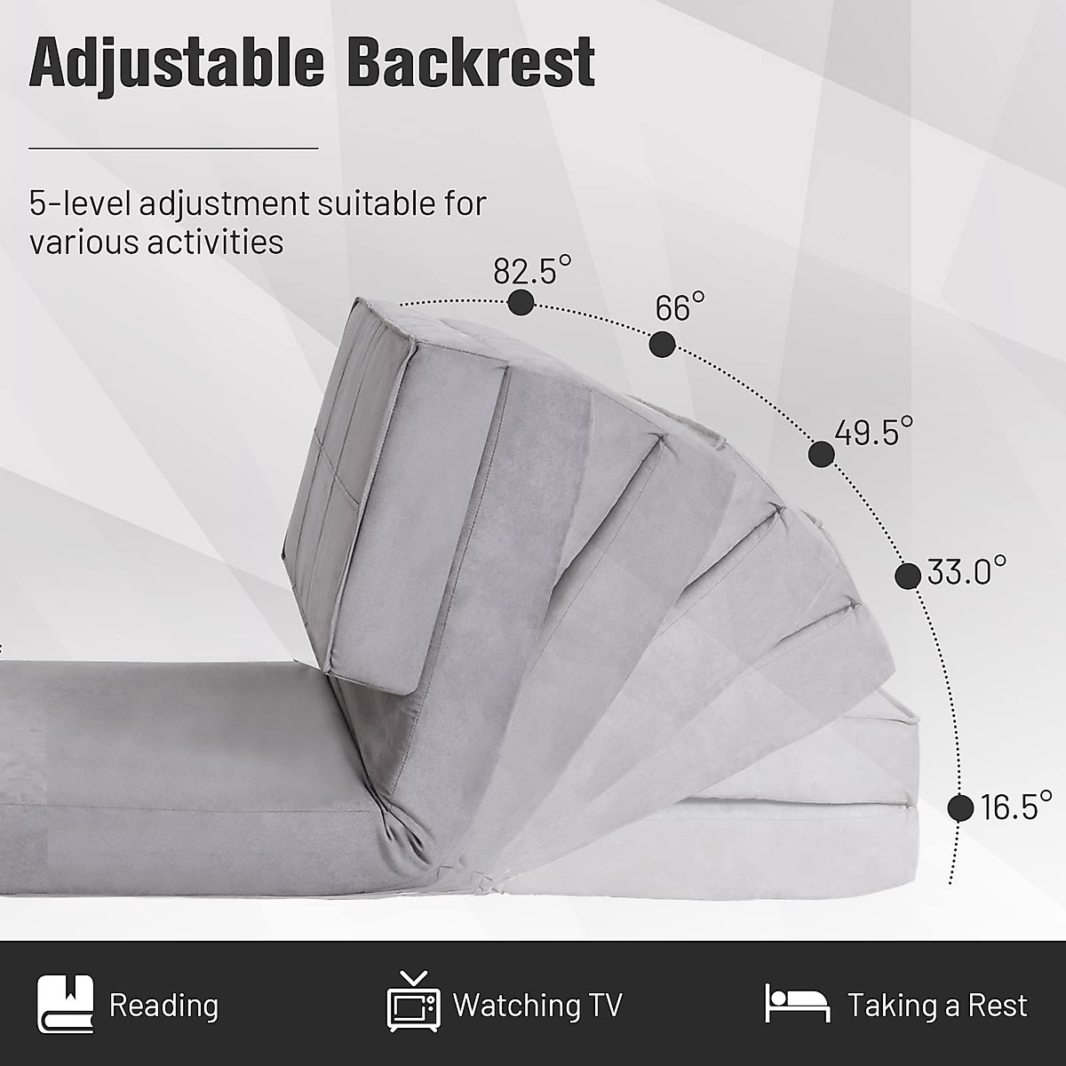 COSTWAY Convertible Flip Chair, 5-Position Adjustable Triple Fold Down Sofa Bed, Steel Frame, Soft Suede Fabric, Upholstered Floor Sleeper Dorm Game Bed for Living Room, Bedroom, Guest Room (Grey)